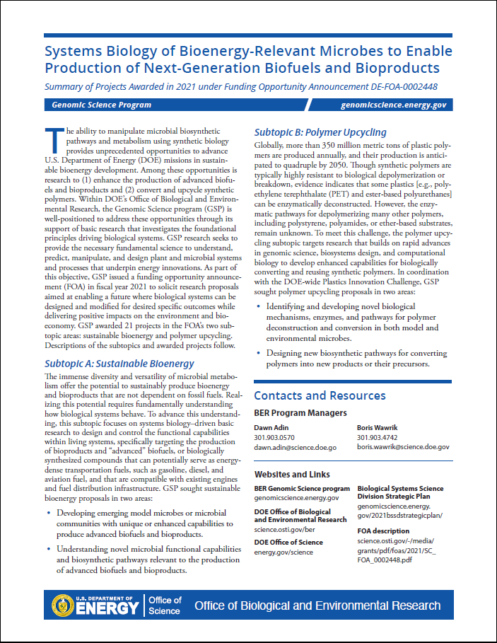 Systems Biology for Energy and the Environment | Genomic Science Program