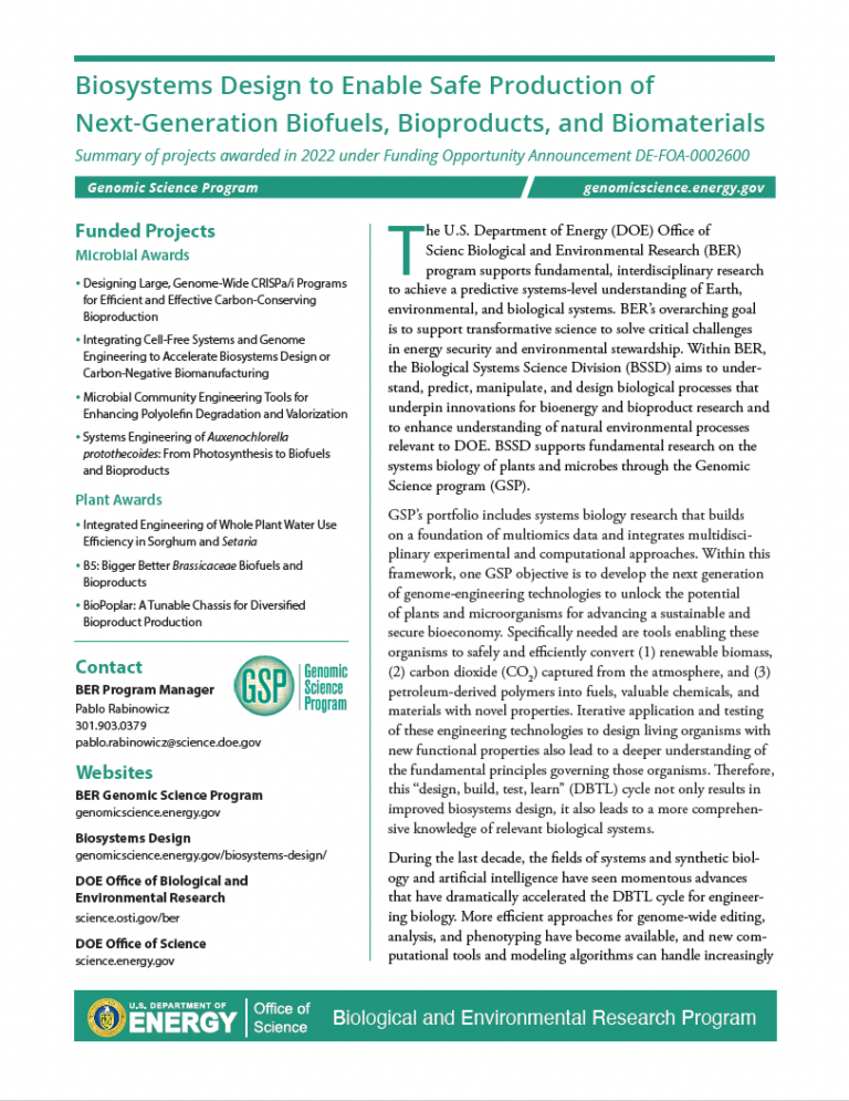 Biosystems Design to Enable Safe Production of Next-Generation Biofuels, Bioproducts, and ...